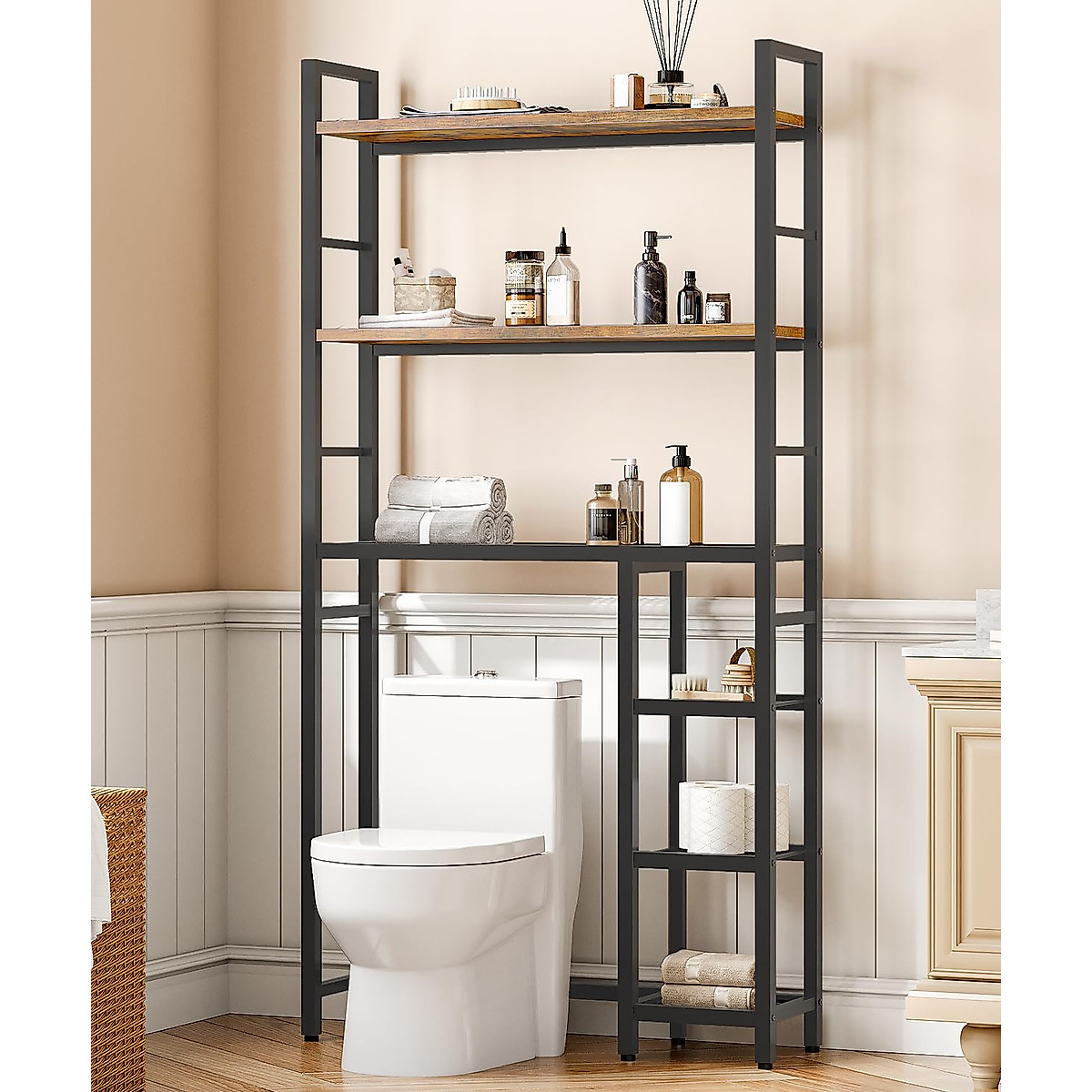 HOOBRO 6-Tier Over The Toilet Storage, Freestanding Bathroom Organizer Space Saver, Mass-Storage Side Storage Open Rack, for Bathroom, Living Room, Laundry, Rustic Brown and Black BF02TS01