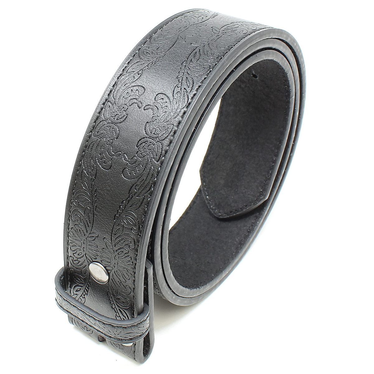 BC Belts Leather Belt Strap with Tooled Western Floral Leaf Embossed Pattern 1.5" Wide with Snaps (Black-S)