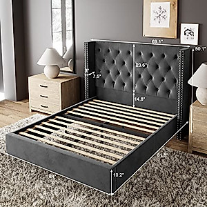 Jocisland Queen Bed Frame Upholstered Bed Wingback Headboard Velvet Tufted Diamond Button/No Box Spring Needed/Easy Assembly/Gray