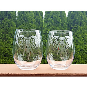 Etched elephant wine glass set, etched wine glass, elephant glass, wine gift, wine glass set of 2, etched elephant, elephant wine glass, stemless wine glass, 15 oz. wine glass