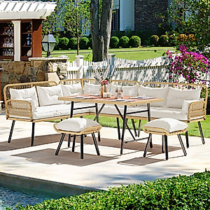 YITAHOME 6-Piece Patio Wicker L-Shaped Furniture Set, All-Weather Rattan Outdoor Conversation Sofa Set for Backyard Deck with Soft Cushions,Ottomans and Plastic Wood Dining Table (Light Brown+Beige)
