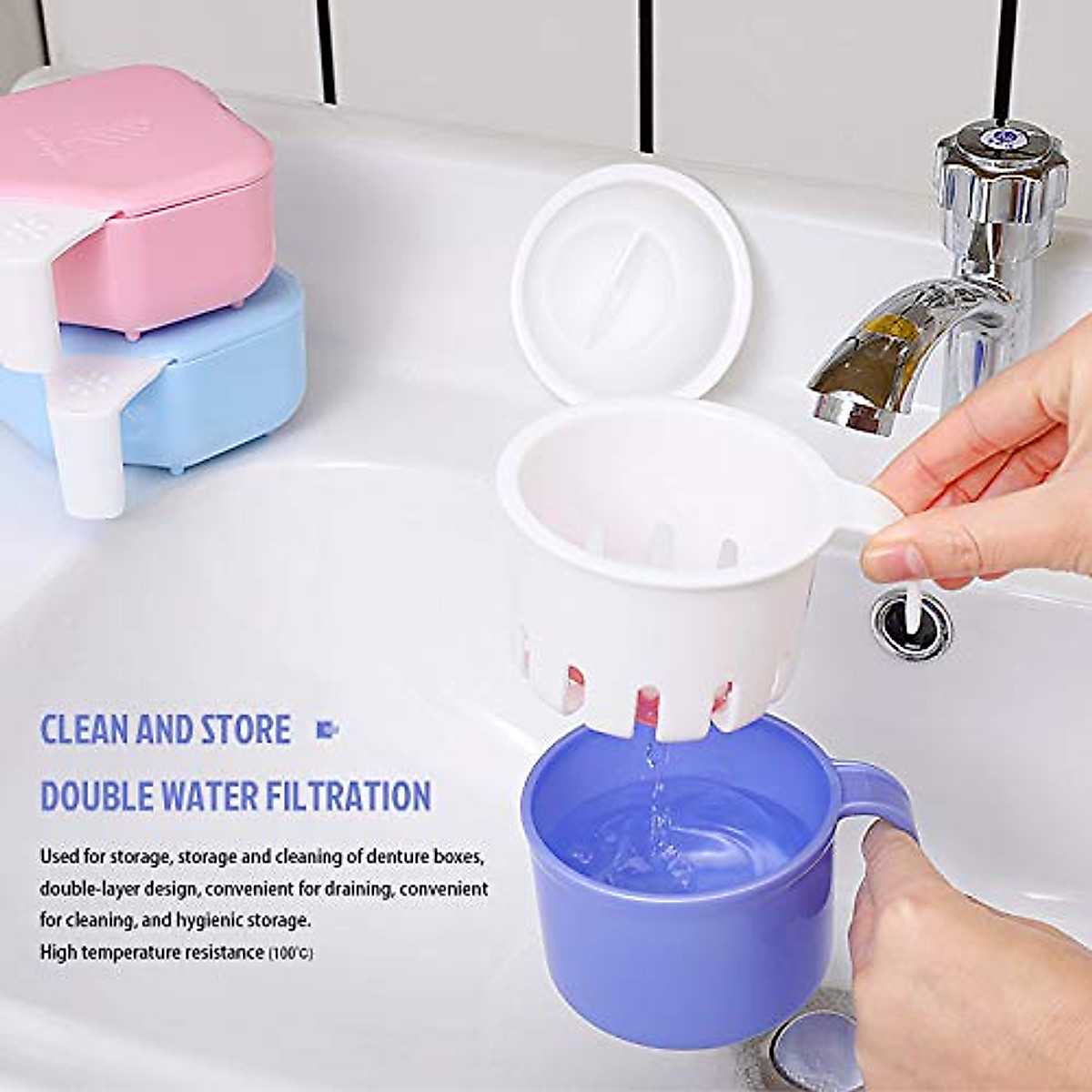 Large Denture Baths Cup, False Teeth Bath Cup with Strainer and Lid for Soaking Dentures or Storing Pacifier, Capacity 10.6 Oz