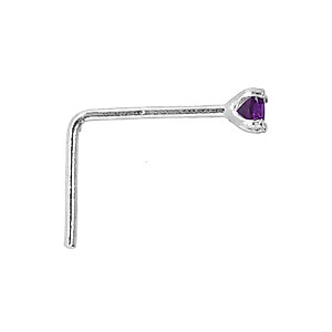 22G Solid 14Kt Gold L-Shape Nose Stud with real Amethyst Gemstone, 14kt Yellow Gold or 14kt White Gold Prong Setting - February Birthstone Nose Ring-LSWG_AMT-2MM