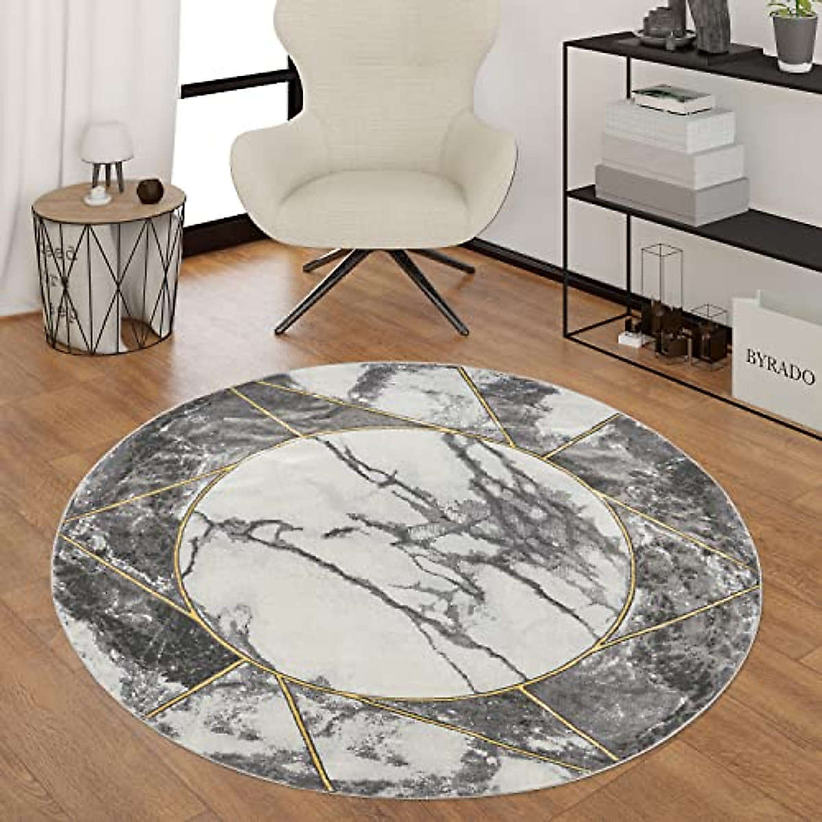 Living Room Rug Grey Gold 3-D Border Marble Pattern Robust, Size:3'11" x 5'7"