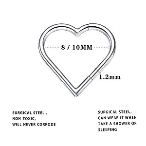 ENVYOU 2 Pcs Heart Daith Piercing Jewelry, Hypoallergenic Clicker Hoop, 16G Rook Cartilage Helix Earrings (16G 8mm+10mm, Heart Silver)