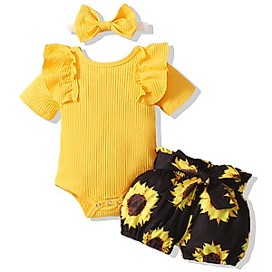 AMAWMW Newborn Baby Girl Summer Clothes Ribbed Ruffle Short Sleeve Romper Sunflower Shorts Outfit 3-6/6 Month Girl Clothes
