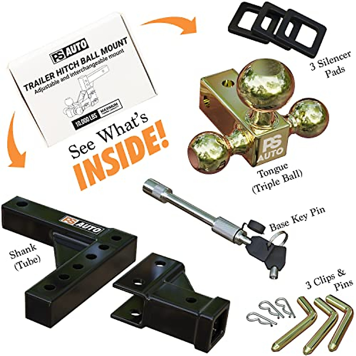 Tri-Ball Adjustable Trailer Hitch – Fits 2-inch Receiver, 5.70-inch Drop, Trailer Hitch, Tri-Ball Hitch, Adjustable, Ball Mount Hitch - 10,000 LBS, 1-7/8, 2 and 2-5/16 inch Balls, Solid Tube Hitch