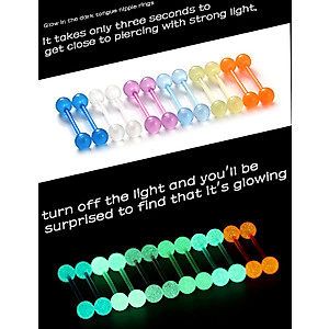 Oufksiyy 14G 16mm Glow in Dark Flexible Acrylic Straight Tongue Rings Plastic Nipple Ring Retainer Body Piercing Jewelry for Women Men 24PCS(12Pairs 14 gauge Piercings