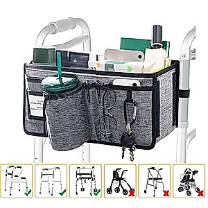 Basket for Walker, Ravmix Walker Accessories Bag with Cup Holder, Walker Basket for Folding Walker Hands-Free Storage Bag with Big Capacity & Never Tipping Over, Space Gray