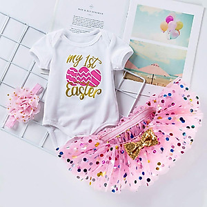 AGQT Baby Girls 1st Easter Outfit Set 3Pcs Bodysuit with Pink Polka Dot Tutu Skirt Size 0-3 Months(59)