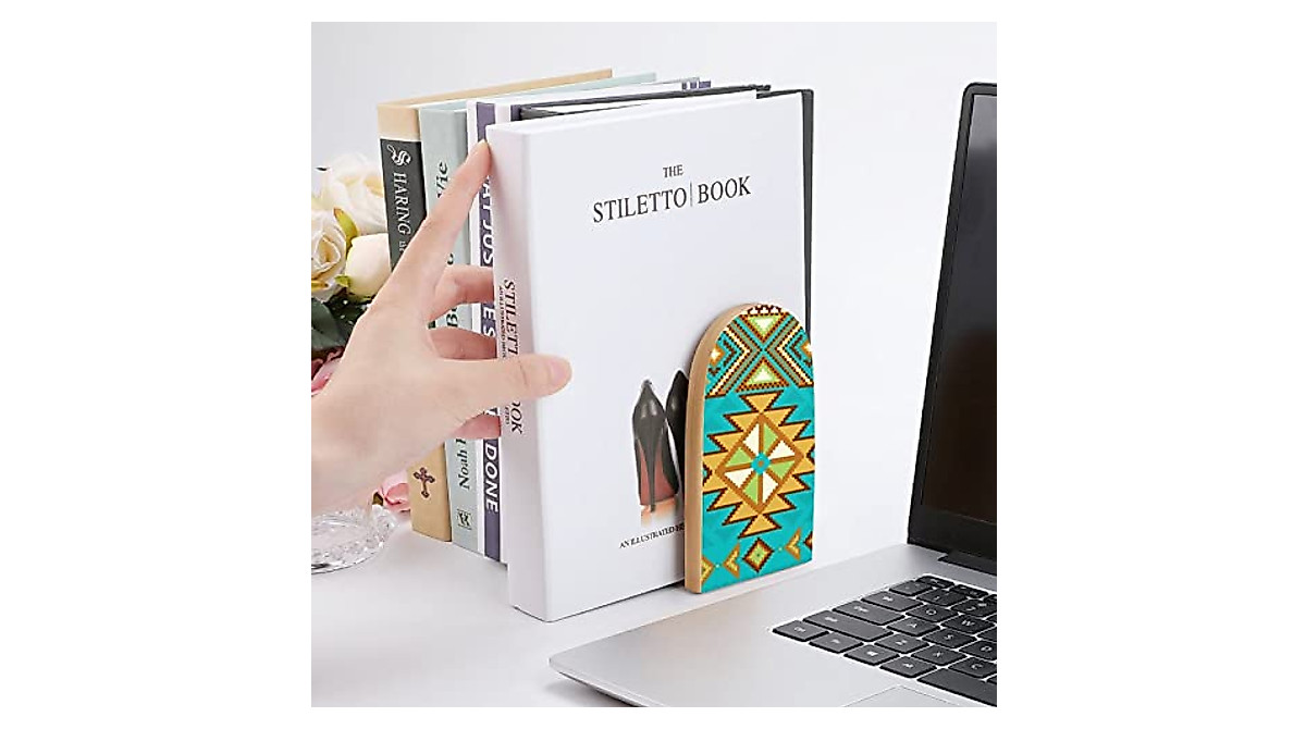 Native Aztec Tribal Turquoise Wood Bookends - 2 Pack for Home & Office