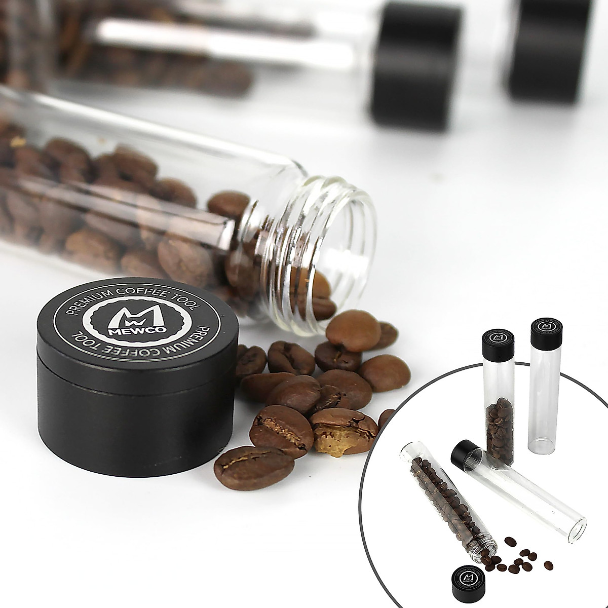 M MEWCO Single Dose Coffee Bean Storage Tubes With magnetic attraction function-4 Tubes Espresso Bean Cellars with stand(Single Dose Bean Cellar 4 pack+ Stand)