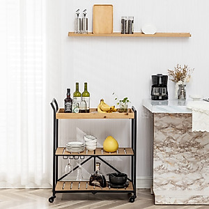 MELLCOM Folding Bar Cart Kitchen Serving Cart on Lockable Wheels 3-Tier Rolling Utility Cart with Glass Holders for Home Kitchen, Rustic Brown