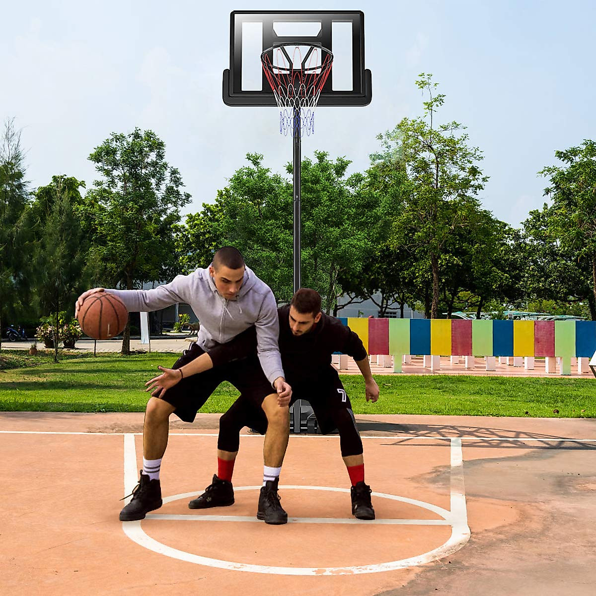 GYMAX Portable Basketball Hoop, 8.5-10ft Height Adjustable Basketball Stand System with 39" Broad Backboard, Spare Net & Transportation Wheels, Indoor/Outdoor Basketball Goal for Kids Youth Family