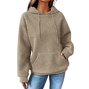 SHEWIN Womens Hoodies Casual Long Sleeve Drawstring Waffle Hoodie Pullover Sweatshirts Loose Hooded Sweatshirt for Women Trendy Fall Tops,US 4-6(S),Khaki