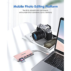 LENTION USB C Hub with 3 USB 3.0 & SD/Micro SD Card Reader Compatible 2022-2016 MacBook Pro, New Mac Air/iPad Pro/Surface, More, Stable Driver Certified Type C Adapter (CB-C15, Rose Gold)