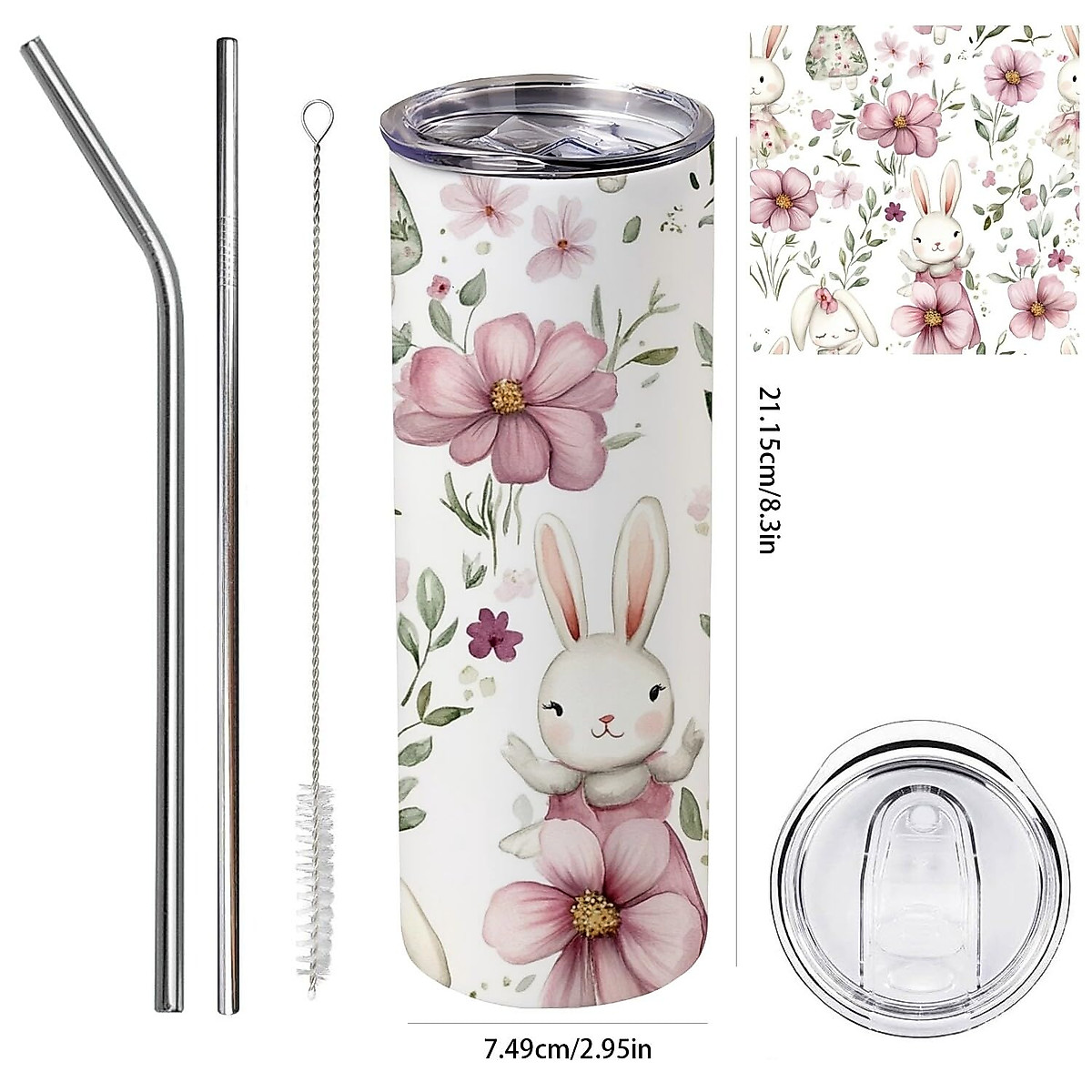 Tumbler with Lid and Straw Miss Rabbit and Flowers thermos coffee travel mugcute cups 20 oz insulated tumbler for Daily Holiday Decor Gift coffee cup