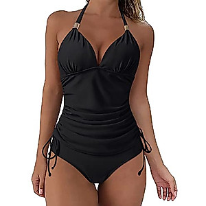 SUUKSESS Women Halter Tankini Bathing Suits Sexy Slimming Tummy Control Swimsuits 2 Pieces (Black, XL)