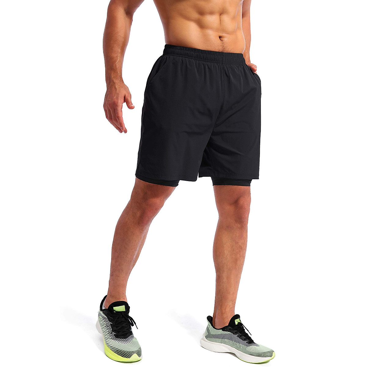 Pudolla Men’s 2 in 1 Running Shorts 7" Quick Dry Gym Athletic Workout Shorts for Men with Phone Pockets(Black Large)