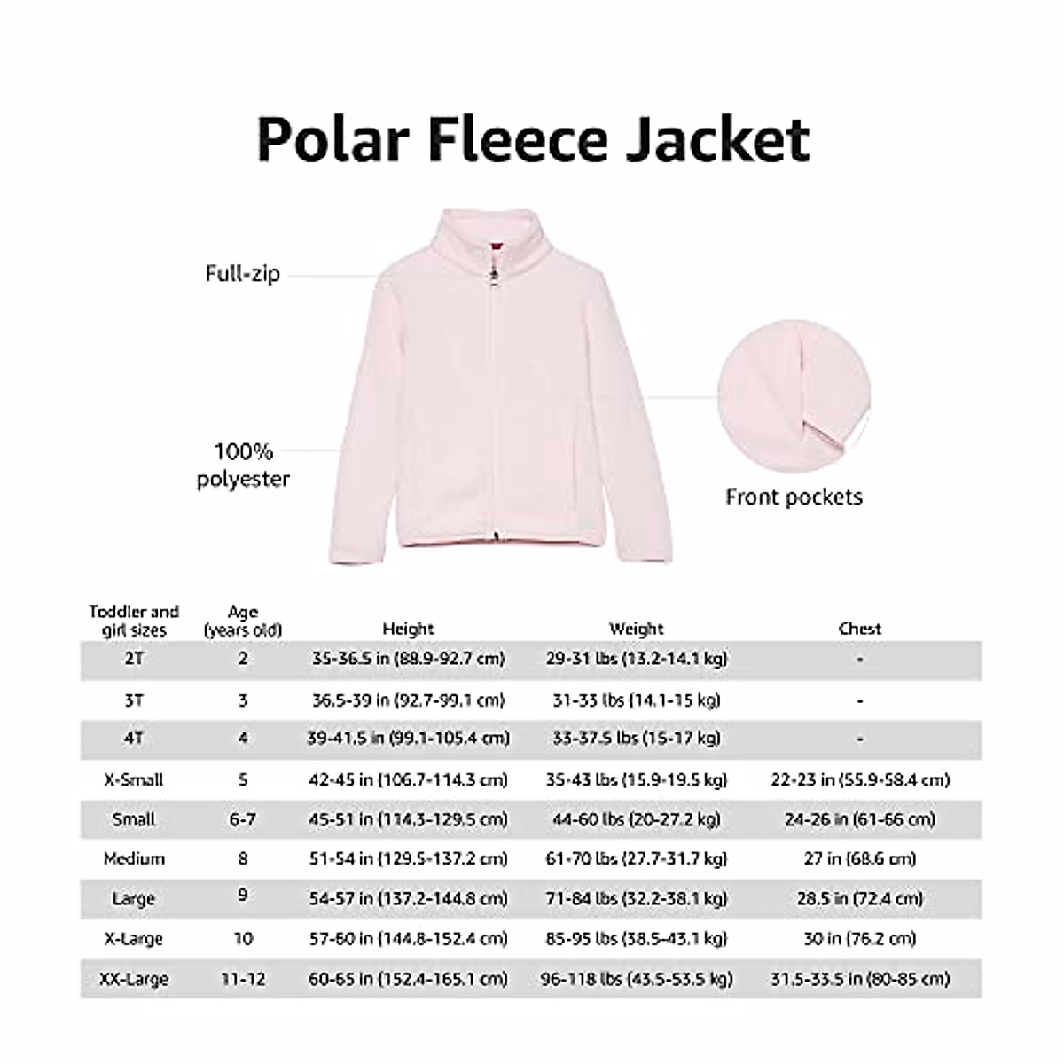 Amazon Essentials Girls' Polar Fleece Full-Zip Mock Jacket, Light Pink, Small