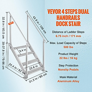VEVOR Dock Ladder with Rubber Mat, Dock Steps 30"-39" Adjustable Height, Dock Stairs Aluminum 4 Step, Each Step 22" x 4", 500Lbs Load, for Lake, Marine Boarding, Pool
