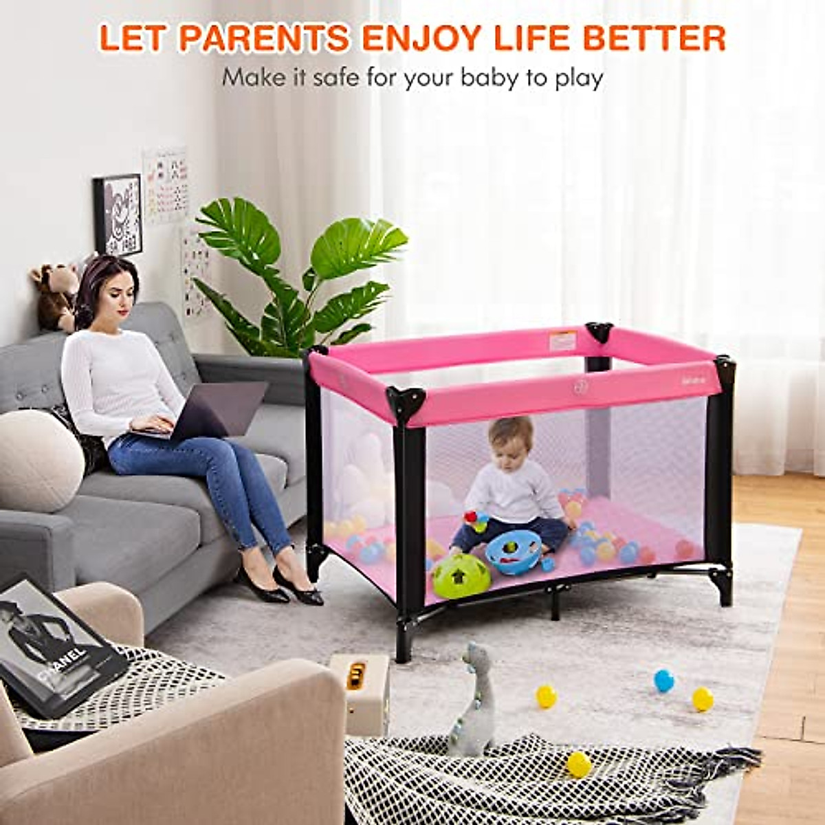 INFANS Pack and Play, Portable Playard with 50pcs Ball Pit Balls Carry Bag, Breathable Mattress, Washable Sheet Cover, Easy Folding Baby Crib Playpen Activity Center (Pink)