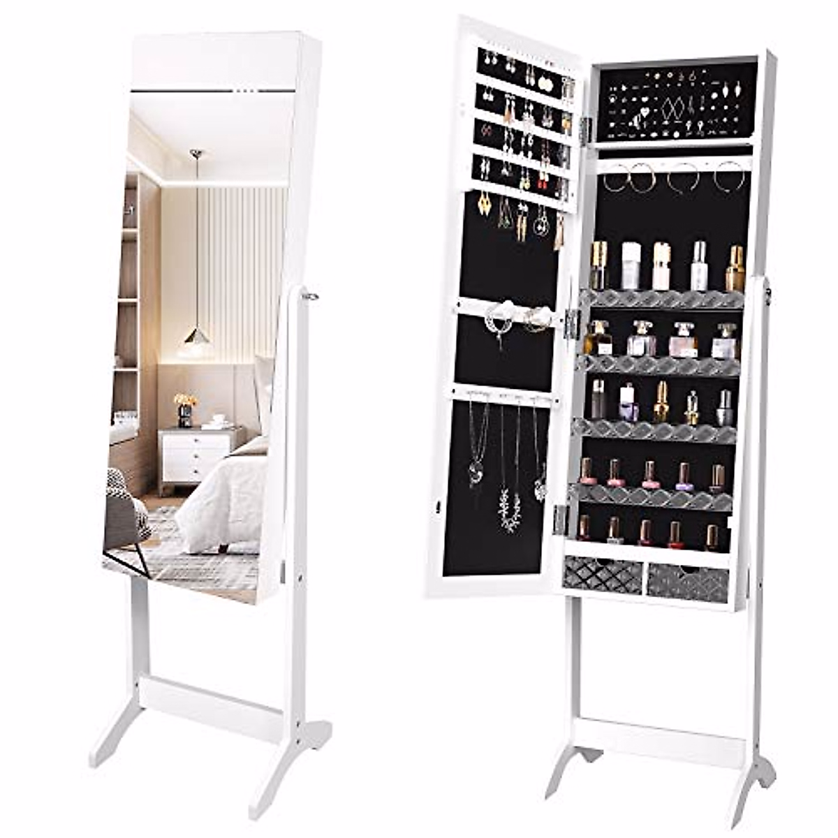 YITAHOME 2 in 1 Jewelry Cabinet with Full Length Mirror, Standing Large Capacity Jewelry Armoire Organizer with 2 Drawers, 3 Angle Adjustable, White