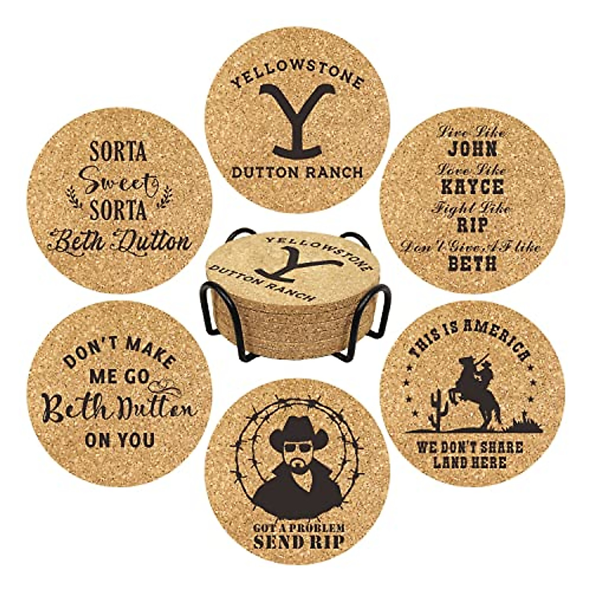 Homythe Yellowstone Merchandise Beth Dutton Coasters, 6 Pcs Cork Coasters with Metal Holder, Dutton Ranch Rip TV Show Drink Coasters, Birthday Housewarming Christmas Coaster Gifts for Yellowstone Fans