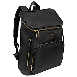 Joan & David Twill Nylon 18" Backpack with Padded Laptop Sleeve, and Luggage Strap with 1 Free TSA Approved Bottle, Fits Up To 15" Inch Laptop (Black)