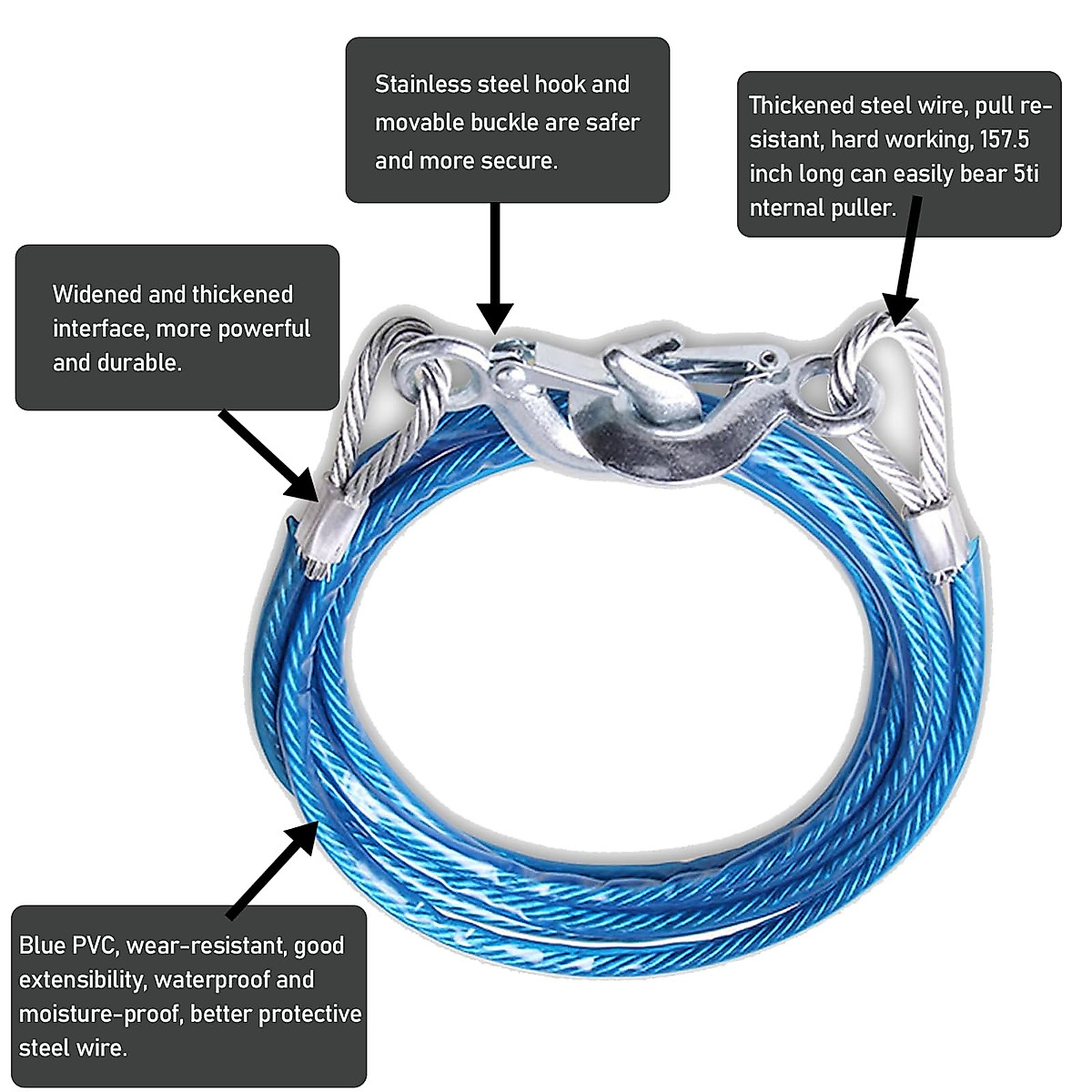 cueclue 1 PC Heavy Duty Car Towing Cable with Hooks, 13.1Ft x 0.3In Metal Portable Durable Vehicle Winch Cable, Universal Automotive Wire Rope Accessories for Tow Truck Wrecker Rollback SUV (Blue)