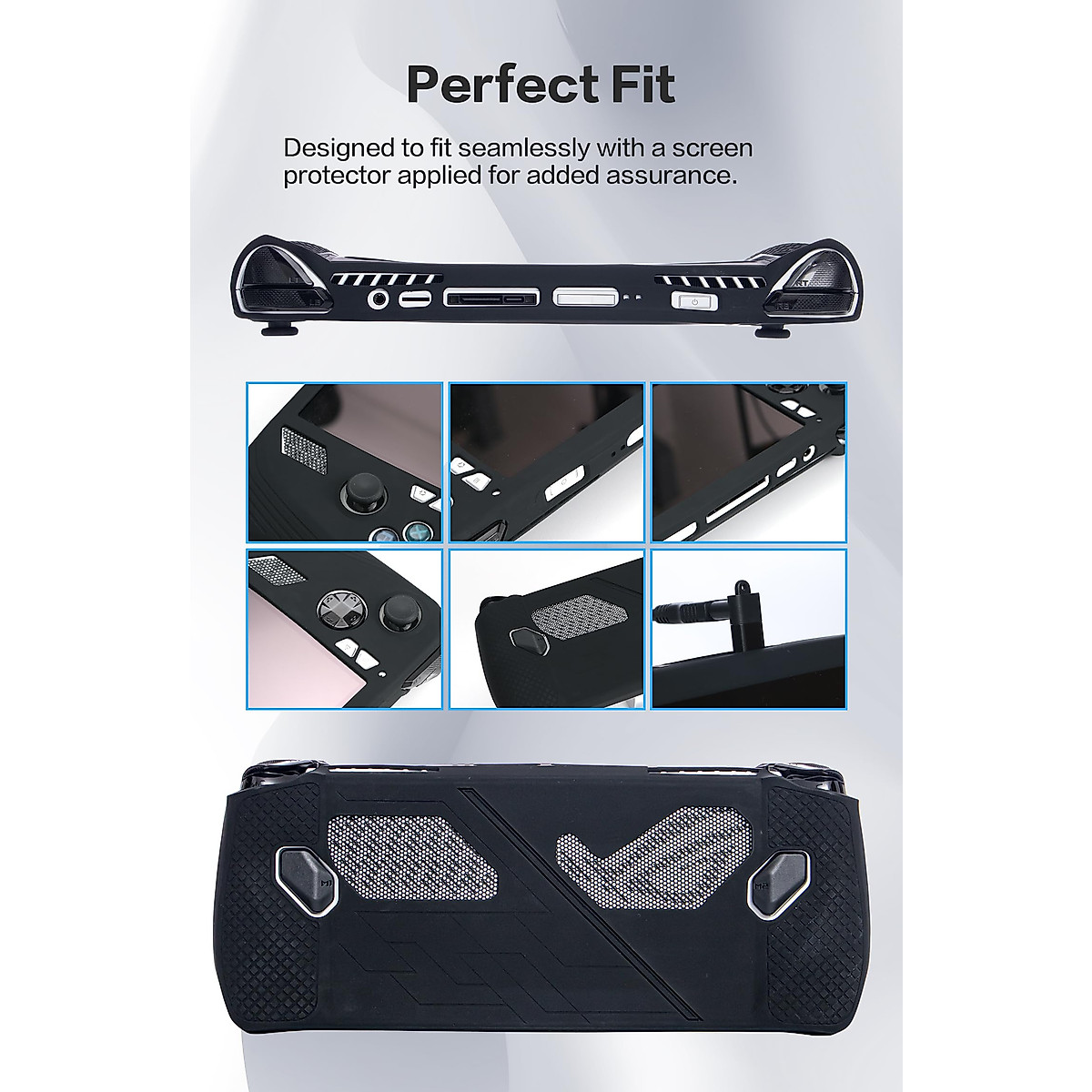 Silicone Case for ROG Ally, Protective Case for ROG Ally with Tempered Glass Screen Protectors, Dust-Proof Net, Joystick Protectors and 3.1 Adapter - Black
