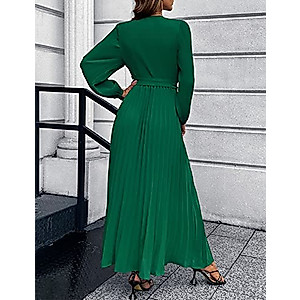 Women's Elegant Wrap V Neck Lantern Sleeve Belted Pleated Flowy Maxi Long Dress Wedding Guest Dress