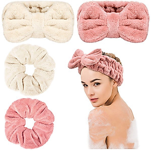 Chuangdi Microfiber Hair Towel Set - 4 Pieces Large Thick Scrunchies and Adjustable Makeup Headband