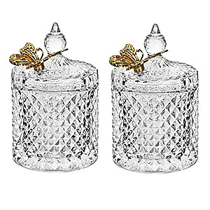 Ezebesta 2PCS Vintage Bathroom Canisters Cute Butterfly Lids Small Thick Clear Glass Jar Set Qtip Holder Dispenser for Cotton Ball & Pads Storage Organization Decor