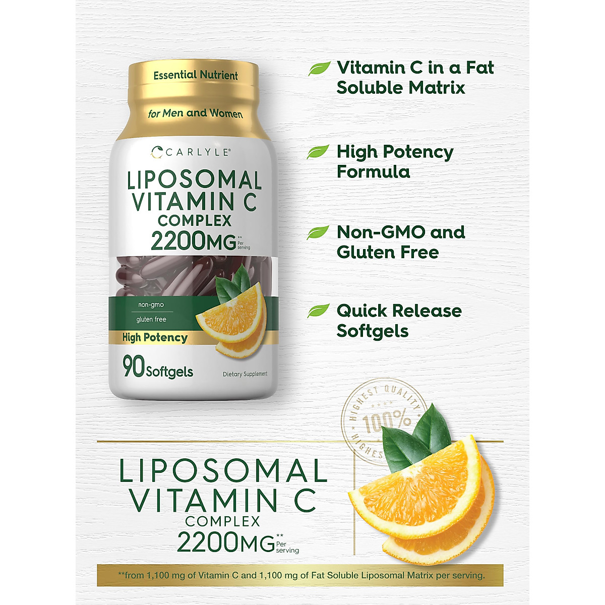 Carlyle Liposomal Vitamin C | 2200mg | 90 Softgels | High Potency Complex Supplement | Non-GMO, Gluten Free Supplement Packaging May Vary