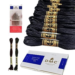 Charming Melodie Black Embroidery Floss, 6 Strand Cotton Yarn, 12/Pack, Includes Black-Brown #3371, Hand Needles, Cross Stitch