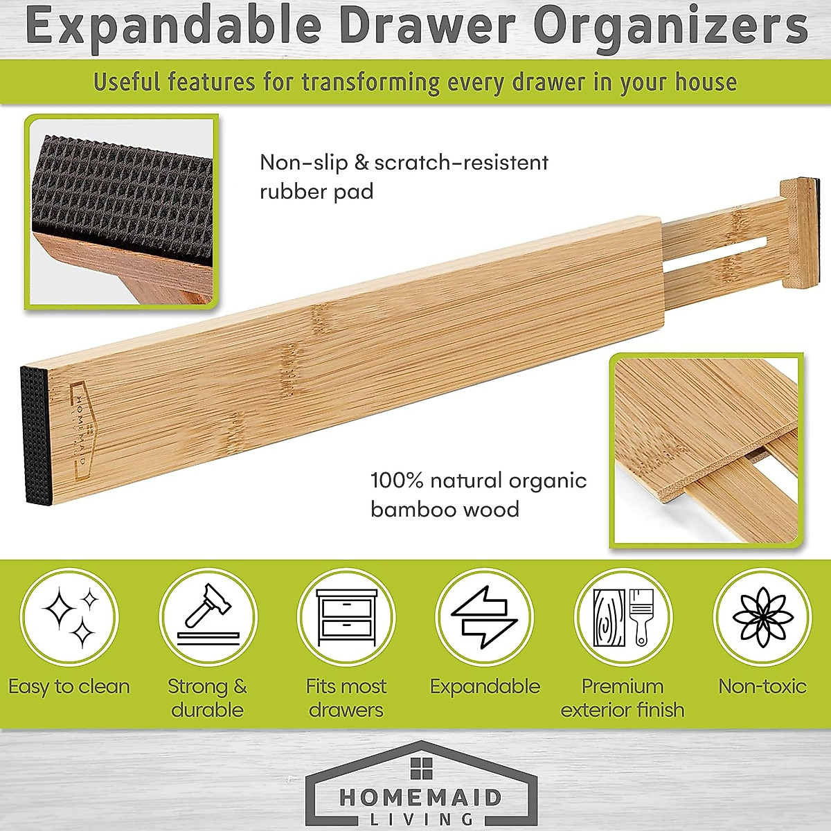 Homemaid Living Bamboo Drawer Dividers, Adjustable & Expandable Kitchen Drawer Organizer, Ideal for Silverware Drawer Organizer, Dresser Drawer Organizer or Bedroom and Bathroom Drawer Organizer