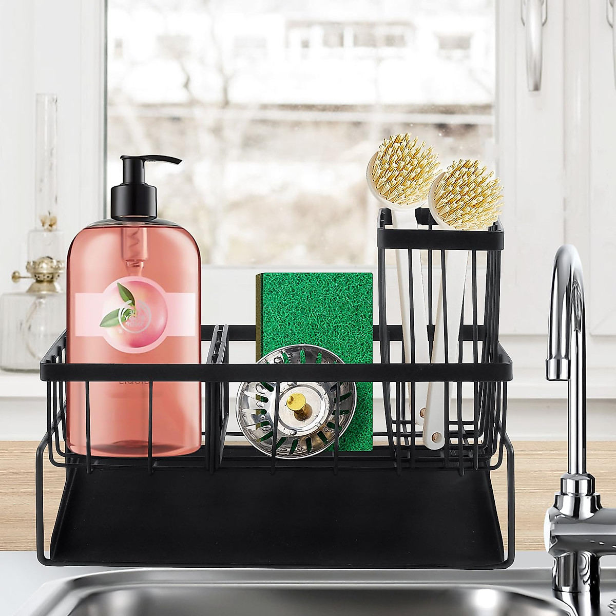 Tendry Sponge Holder for Kitchen Sink Caddy Organizer, Dish Soap Sponge Caddy with Brush Holder, Rustproof Sink Accessory with Dividers for Storage Kitchen Gadgets