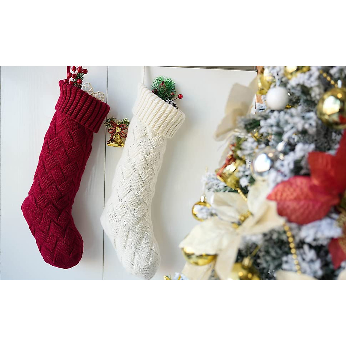 ROSFORU Knit Christmas Stockings, 4 Pack Large Size Candy Gift Bag Personalized Decoration Weave Xmas Socks, Classic Style（2Pcs Ivory White+ 2Pcs Burgundy）