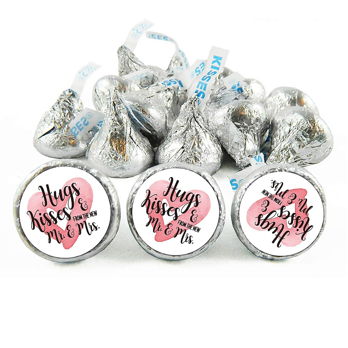 Chocolate Drop Labels Stickers, Hugs & Kisses from The New Mr. & Mrs, 180 Count, Fits Hershey's Kisses Party Favors, Wedding Stickers, Perfect for Weddings, Bridal Shower Engagement Party.