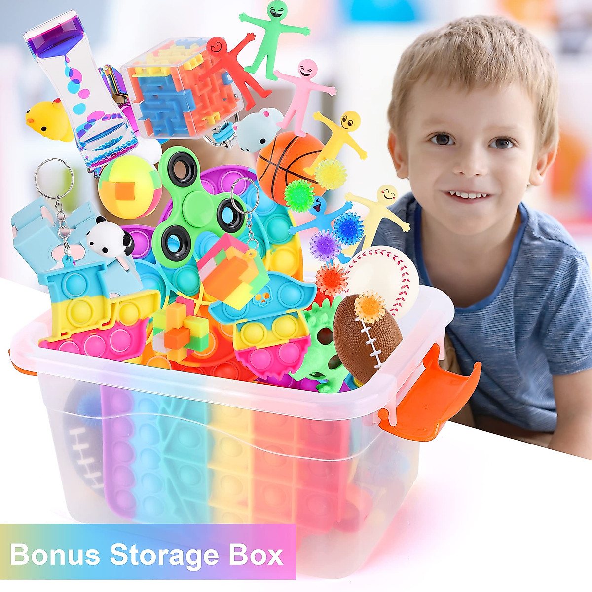 FiGoal 52 PCS Sensory Fidget Toys Set with Storage Box, Mini Poppet Figit Toys for Adults Kids ADHD, Birthday Party Favors, Classroom, Goodie Bag Fillers, Valentine's Party Supplies