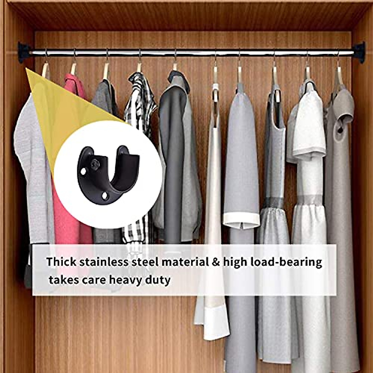 Rise age Stainless Steel Closet Rod Brackets, 1 Inch Diameter Closet Rod Support 2 Pcs, Heavy Duty Curtain Rod Holder, Black End Support for Closet Rod with Screws