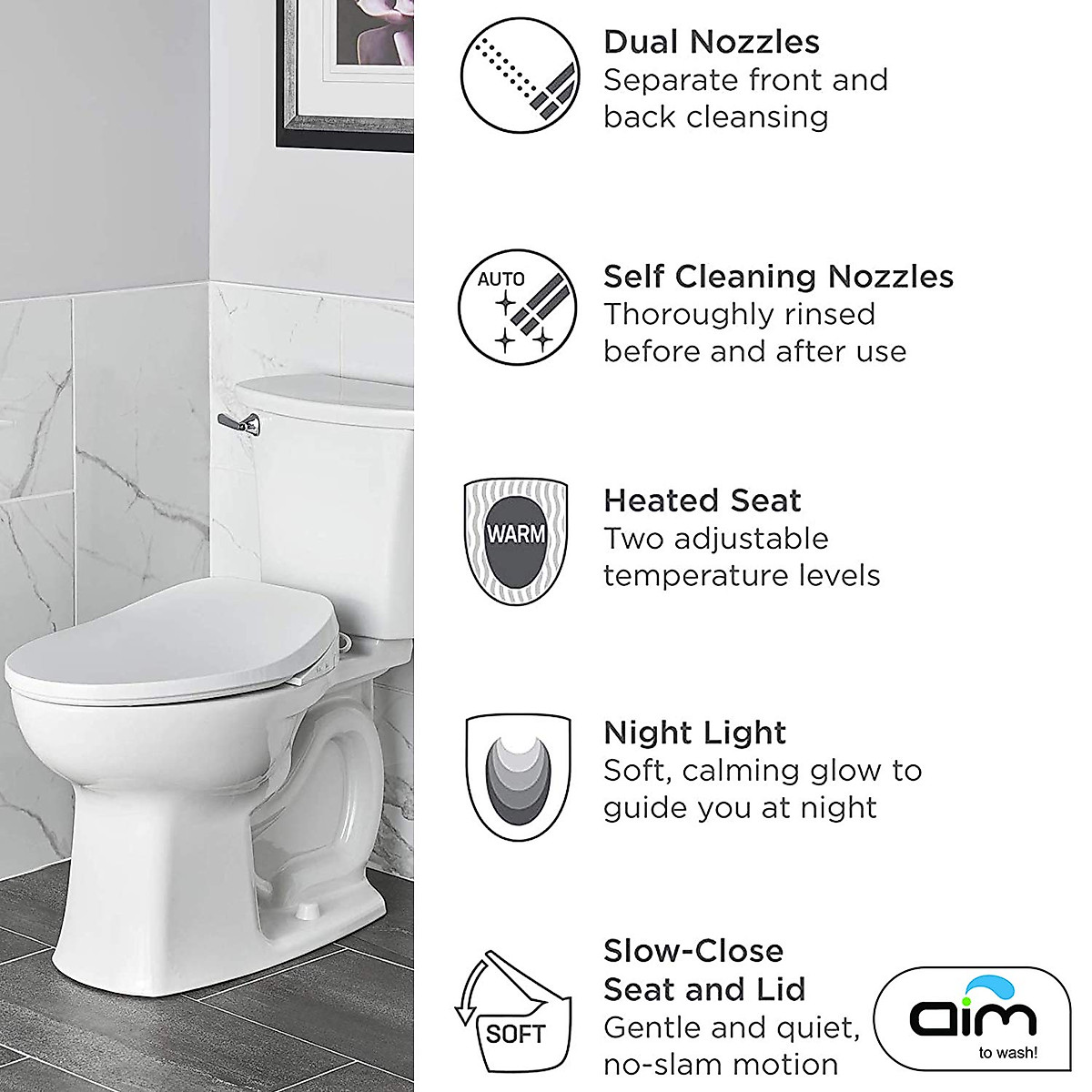 Smart Toilet Seat - Electronic Bidet Seat - Hot Water Bidet Toilet - Night Light - Tankless - Air Dryer