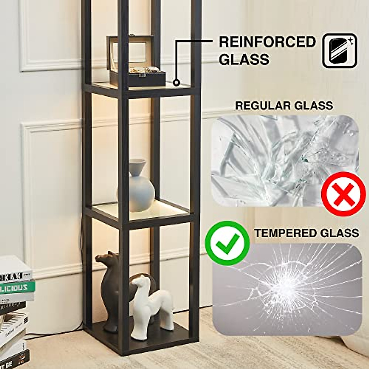 FENLO 66" Luxury Glass Display Shelf with Dimmable LED Floor Lamps, Sturdy Glass Shelves for Bedroom, Curio Cabinet with Glass Bookshelf Display Case, Floor Lamp with Shelves - Fantasy Black