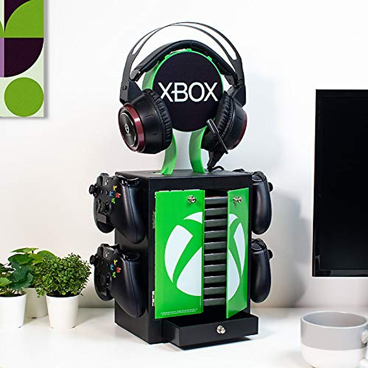 Numskull Official Xbox Series X Game Storage Locker, Headphone Stand and Controller Holder - Stores 10 Games or Blu-Ray Disc Cases, 4 Xbox Controllers