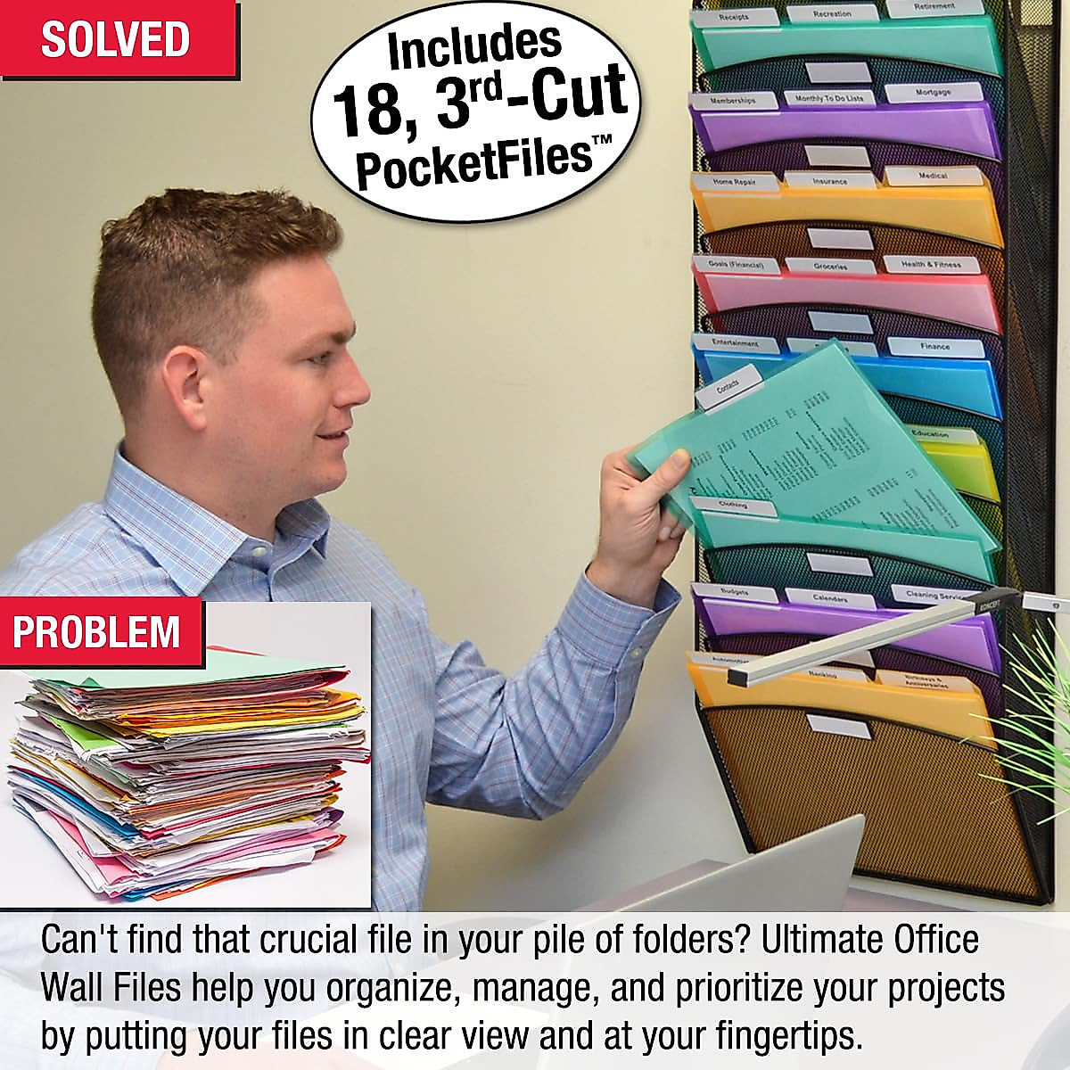 Ultimate Office Mesh Wall File Organizer, 15 Tier Vertical Mount Hanging File Sorter. Multipurpose Display Rack Includes 18, 3rd Cut PocketFile Clear Document Folder Project Pockets (Black)