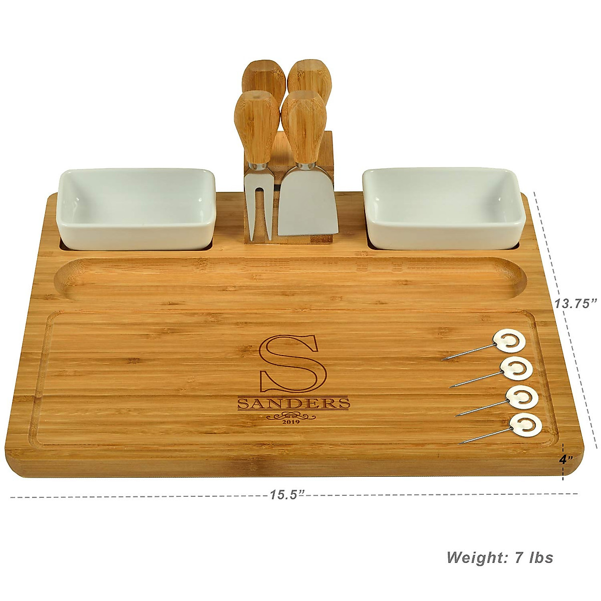 Custom Personalized Engraved Bamboo Cheese/Charcuterie Cutting Board with Ceramic Bowls, Cheese Tools & Cheese Markers-Designed & Quality Checked in USA