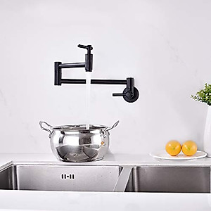BZOOSIU Pot Filler Faucet Wall Mount, Double Joint Swing Arms Solid Brass Folding Faucet, Single Hole Two Handles Wall Mount Kitchen Faucet, Matte Black