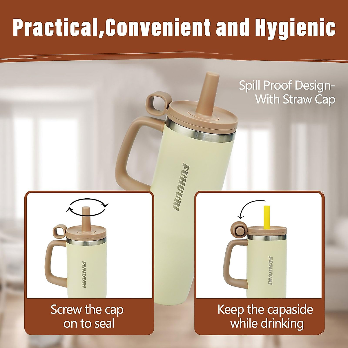 FUHUURI 40oz Stainless Steel Tumbler with Handle,Straw Lid,Double Wall Insulated, Keep Drinks Cold or Hot,Cupholder Friendly (Khaki brown)