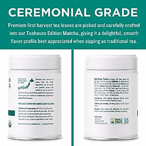 Jade Leaf Matcha Organic Green Tea Powder, Ceremonial Grade, Teahouse Edition Premium First Harvest - Authentically Japanese (3.53 Ounce Tin)